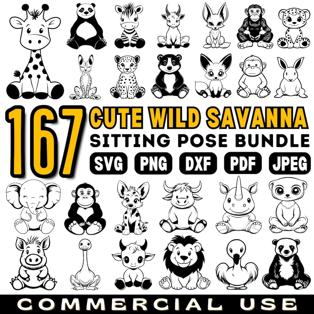 Cute Savanna Animals Sitting Pose Svg Dxf Png Pdf Jpeg Bundle Instant ...