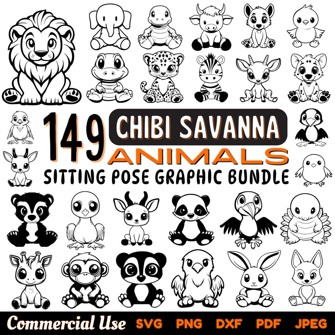 Chibi Savanna Animals Sitting Pose Svg Dxf Png Pdf Jpeg Bundle Instant ...
