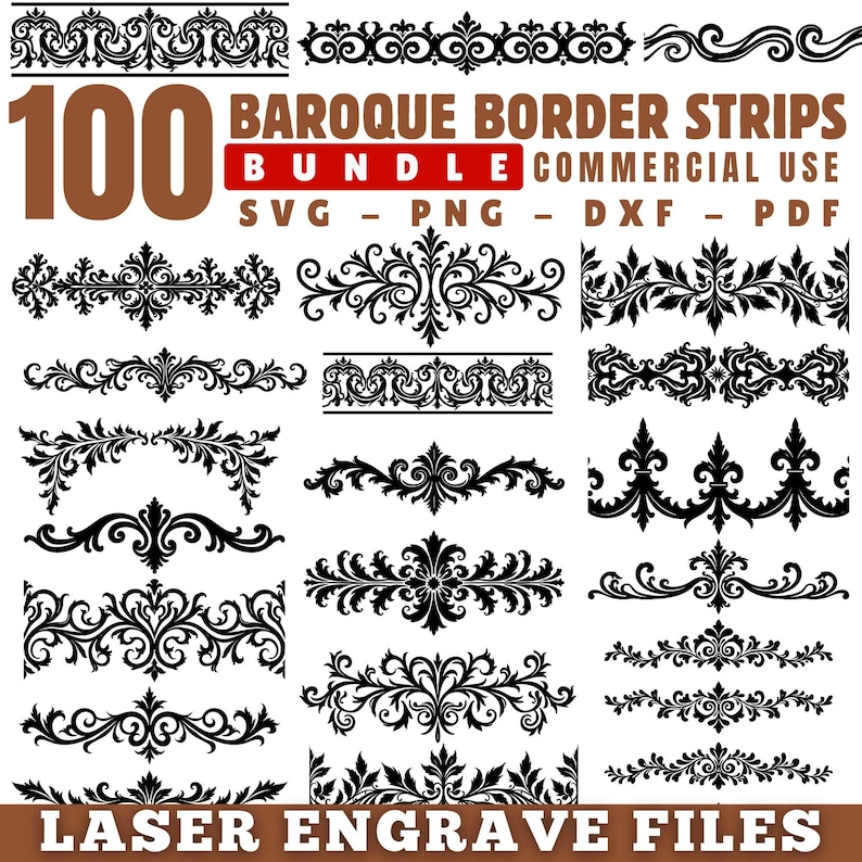 Laser Engrave Files Baroque Border Strips Svg Png Pdf & Dxf Bundle ...