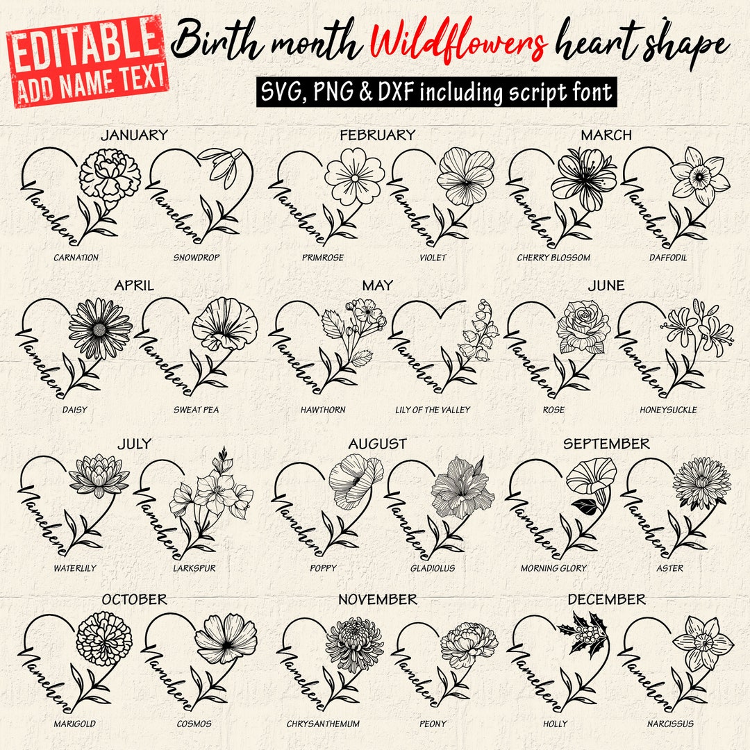 Birth Month WILDFLOWERS Bouquet Birthmonth Svg Png and Dxf Bundle ...