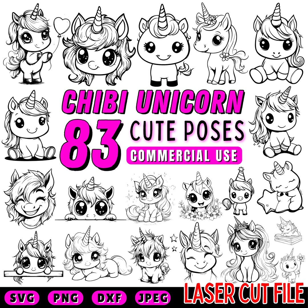 Chibi Unicorn Laser Cut | Unicorn DXF SVG Bundle | Cute Unicorn Vector ...