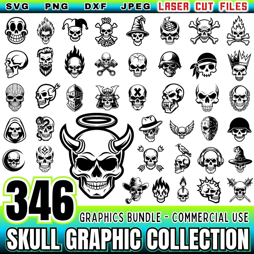 Skull Laser Cut Files Skeleton Art Bundle SVG, DXF for CNC and Laser Cutting Gothic Wall Art ...