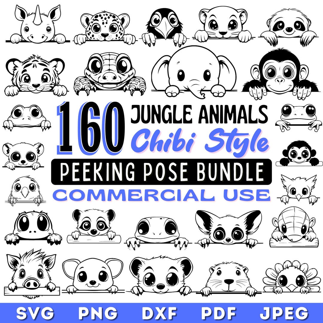 Jungle Animals Chibi Style Peeking Svg Dxf Png Pdf Jpeg Bundle Instant ...