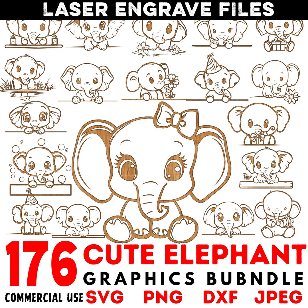 Cartoon Elephant Engraving Files | Cute Elephant DXF Bundle | Laser ...