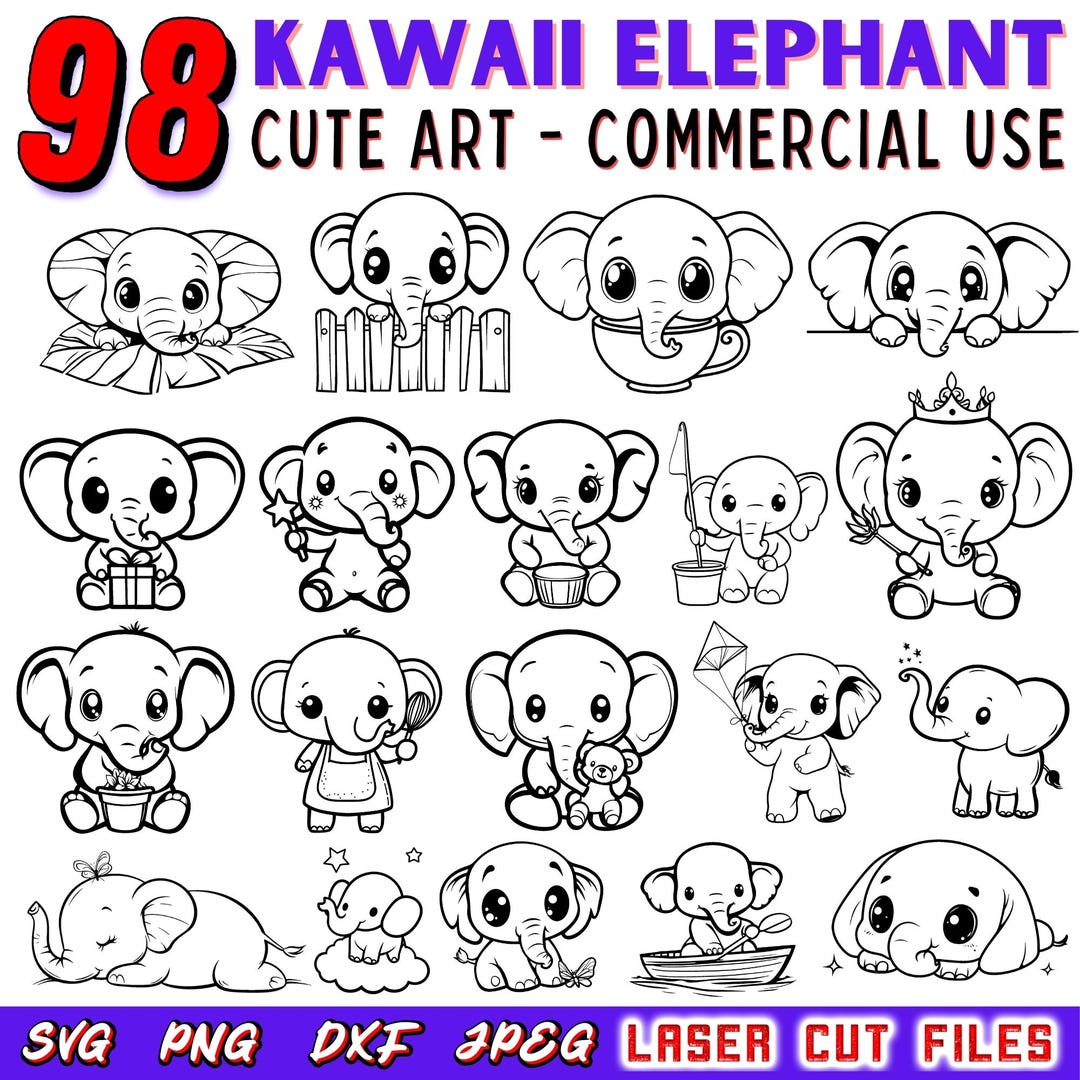 Kawaii Elephant Laser Cut Files | Cute DXF Bundle | Adorable Elephant ...