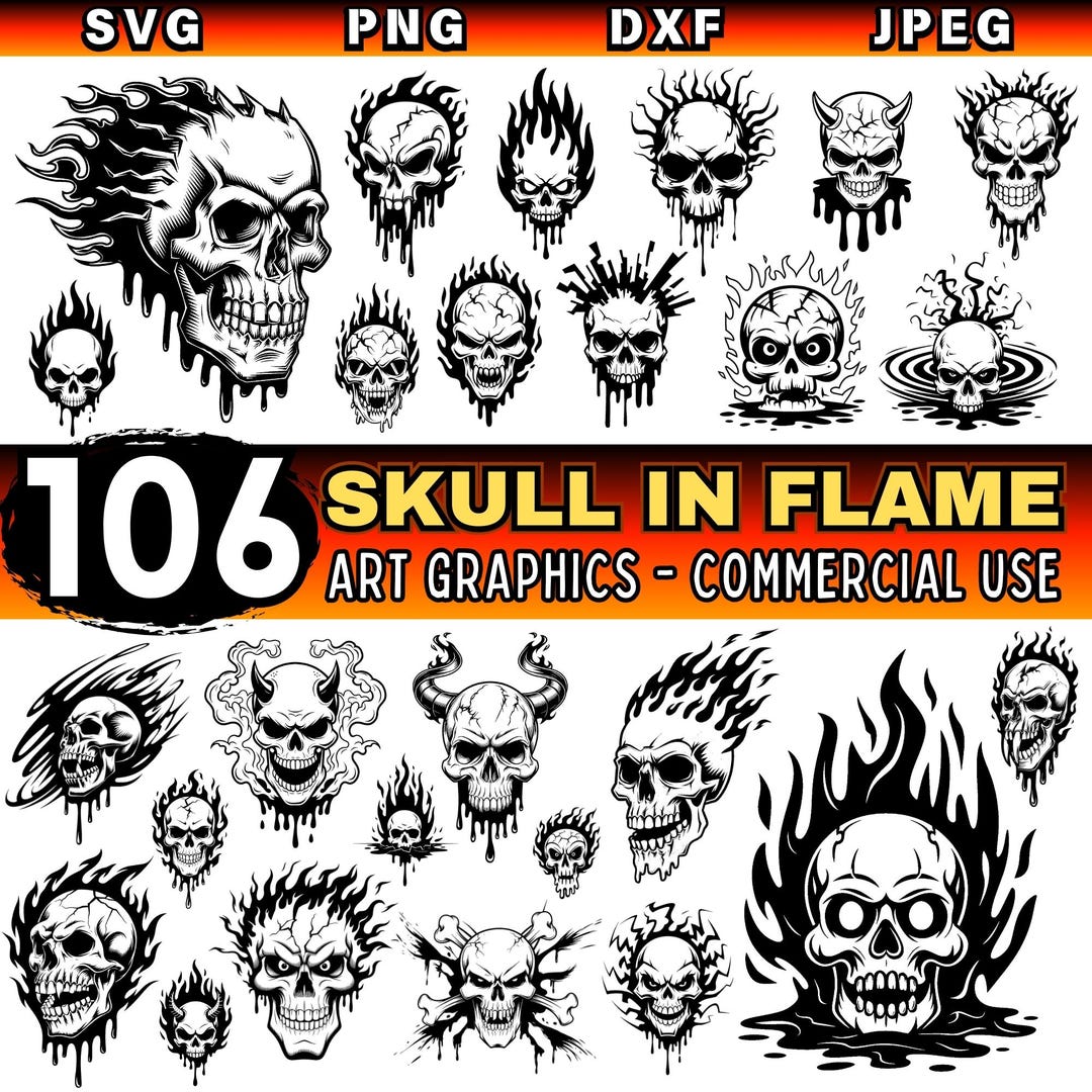 Flaming Skull SVG Bundle | Skull in Flames Clipart | Cricut Cut Files ...