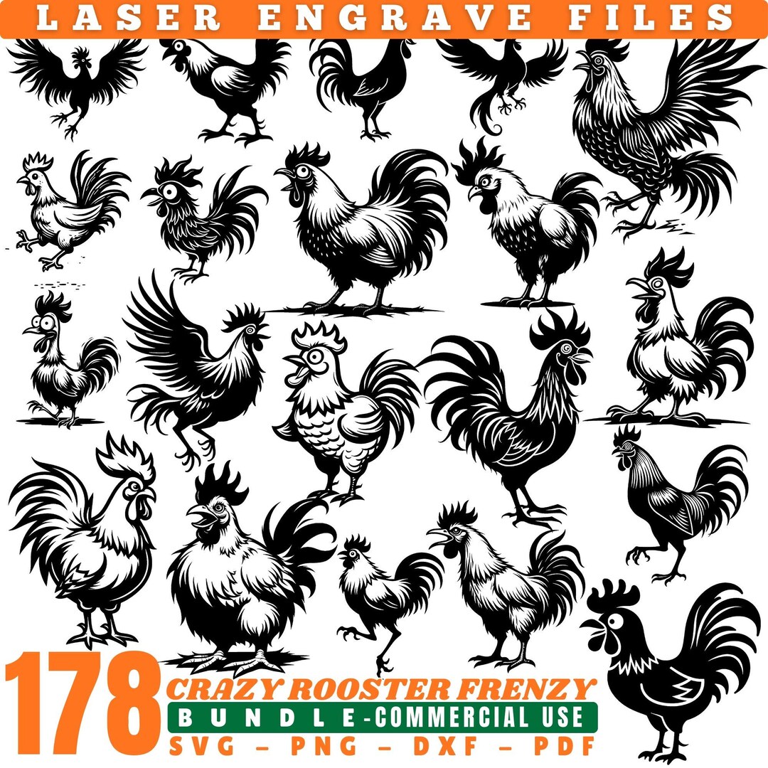 Laser Engrave Files Crazy Rooster Frenzy Svg Png Pdf & Dxf Bundle ...