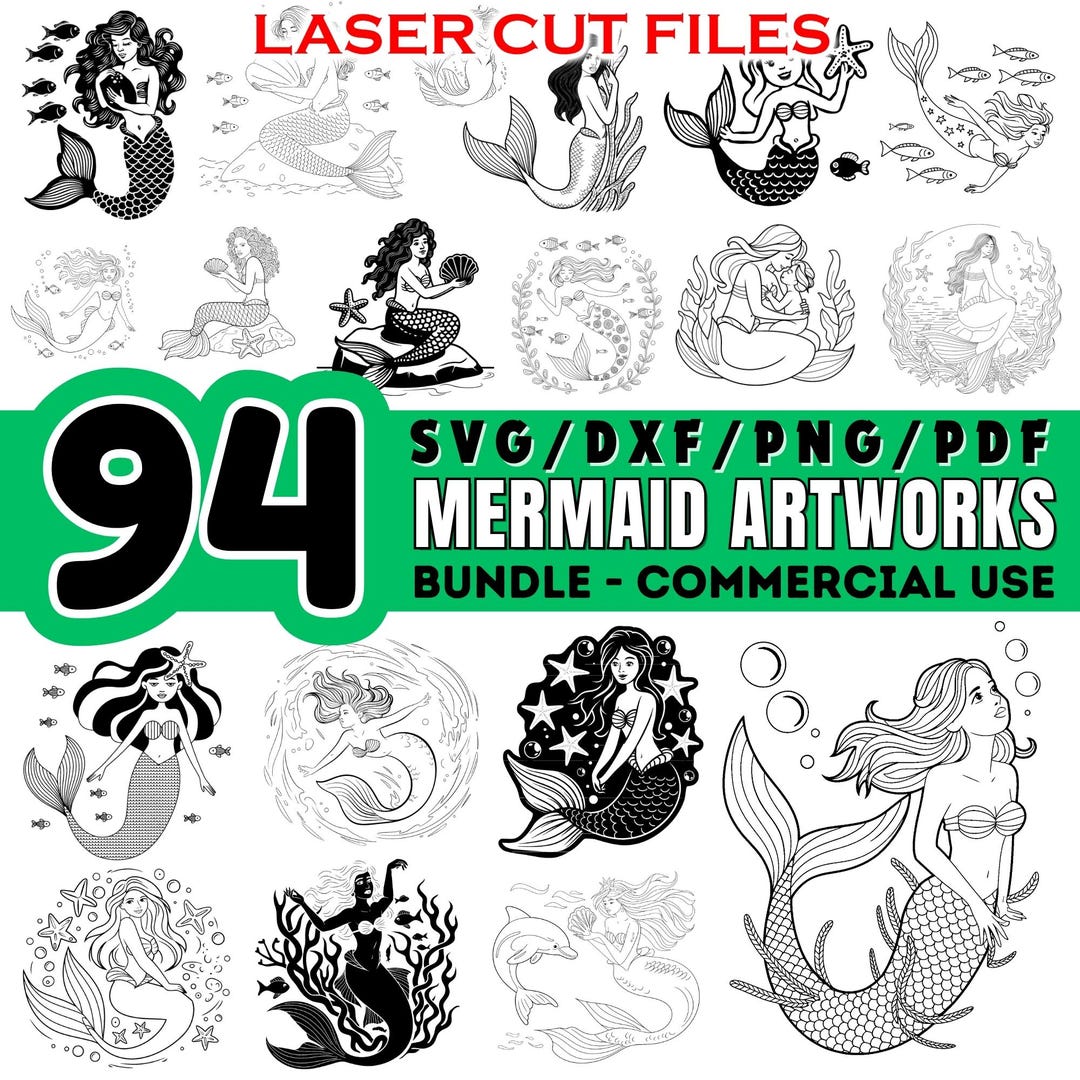 Mermaid Laser Cut Files | SVG DXF Bundle | Mermaid Silhouette Patterns ...