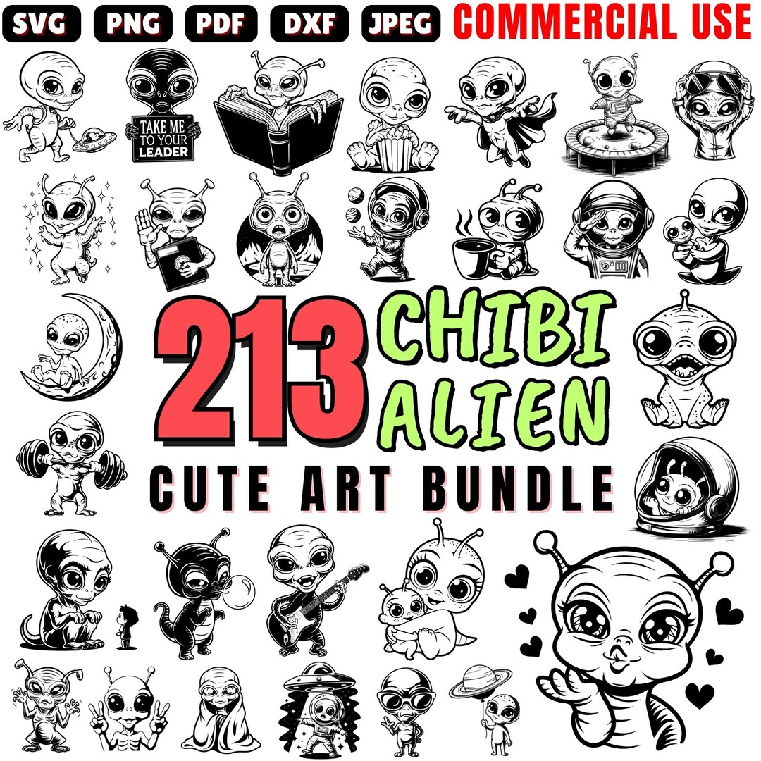 Chibi Alien SVG Bundle | Cute Extraterrestrial Clipart | Kawaii Martian ...