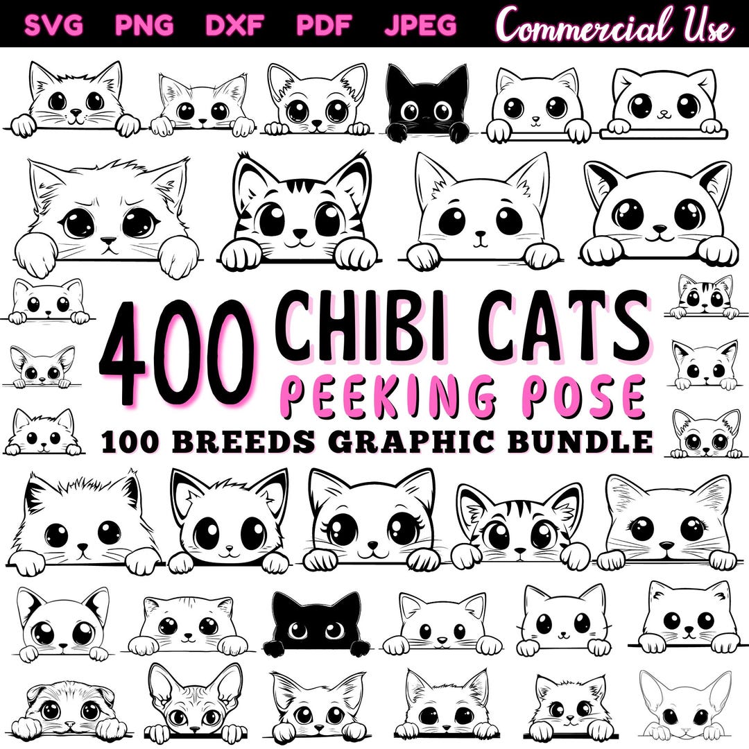 Chibi Peeking CATS Complet Breeds Graphic Files Design Bundle Svg Dxf ...