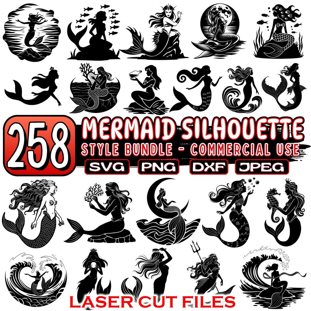 Mermaid Silhouette Laser Cut Files | DXF and SVG Bundle | Mermaid Wall ...
