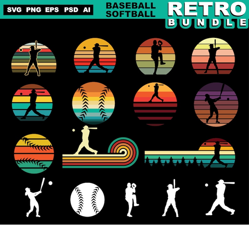 Baseball Svg or Softball Svg Retro BUNDLE ART With Baseball - Etsy
