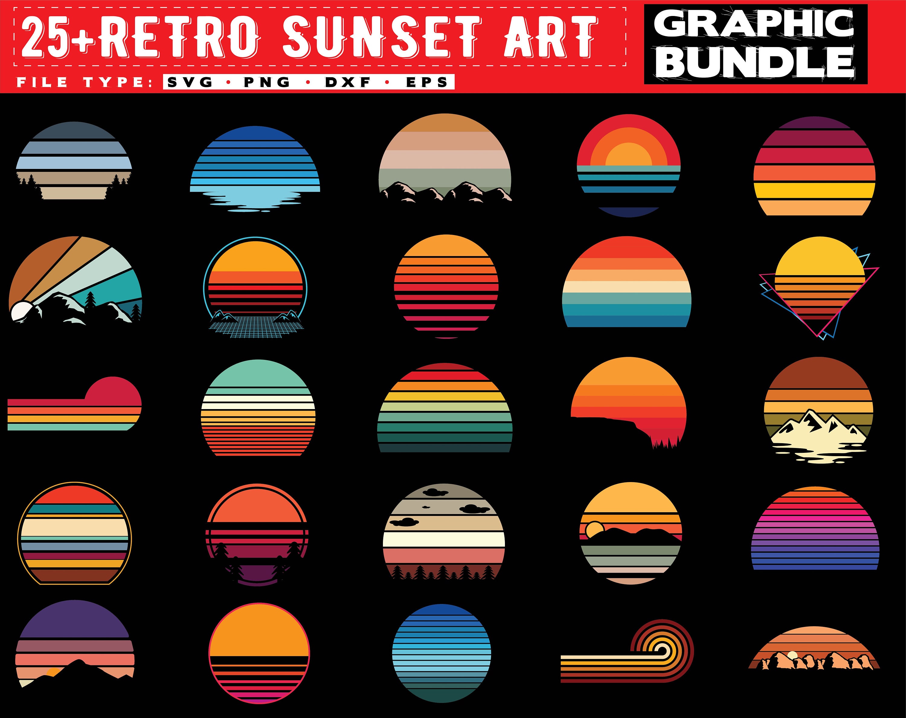 Retro Sunset Bundle Svg Files - RETRO Sunset Art Bundle Graphic Theme ...