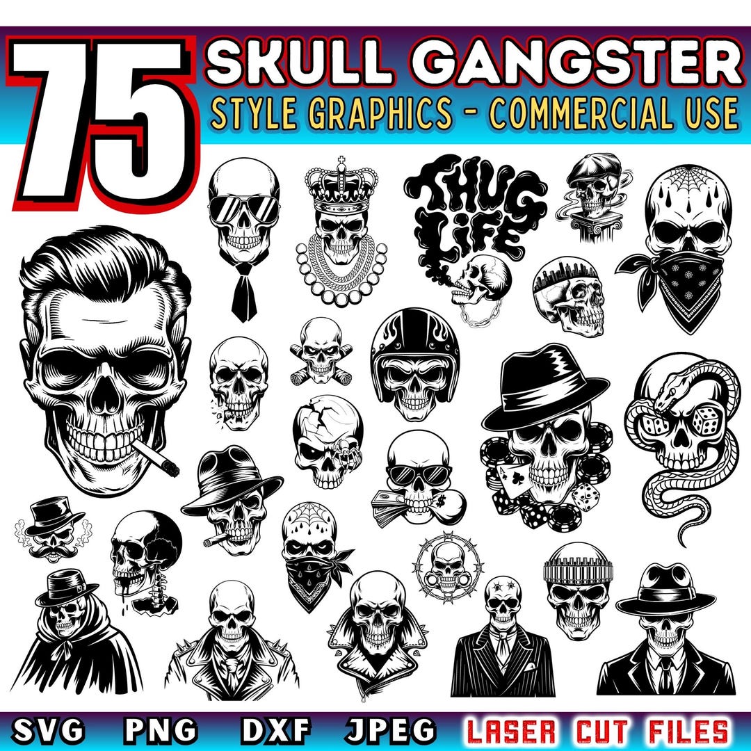 Gangster Skull Laser Cut Files | Mafia Skull DXF Bundle | Tattoo ...