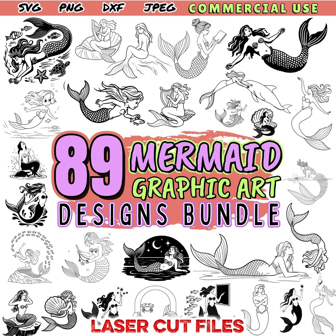Mermaid Laser Cut Files | SVG DXF Bundle | Graphic Art Mermaid Designs ...