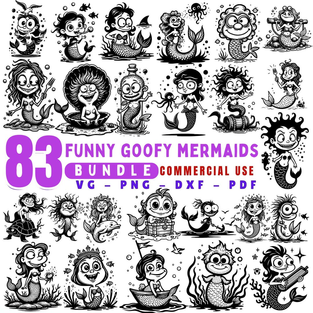 Funny Goofy Big Eyes Mermaids Svg Png Pdf & Dxf Bundle for Crafts ...