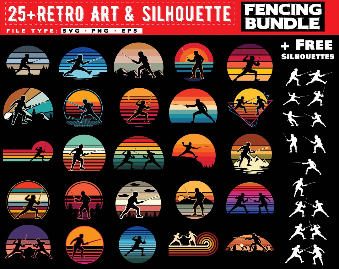 Fencing Svg Files RETRO Sunset Art Bundle Graphic Theme Vintage Fencer ...