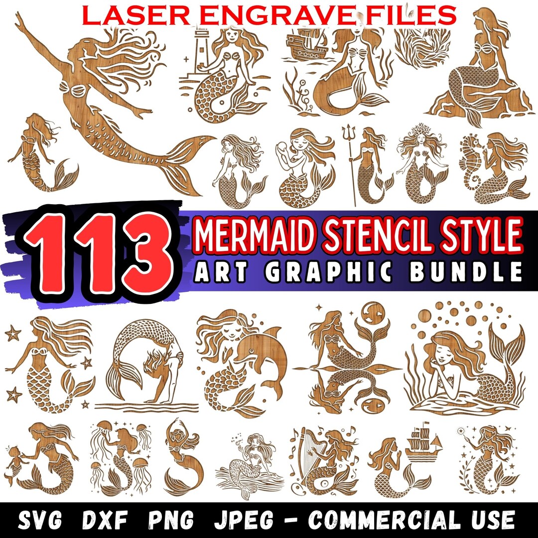 Mermaid Stencil Engraving Files | SVG and DXF Bundle | Mermaid ...