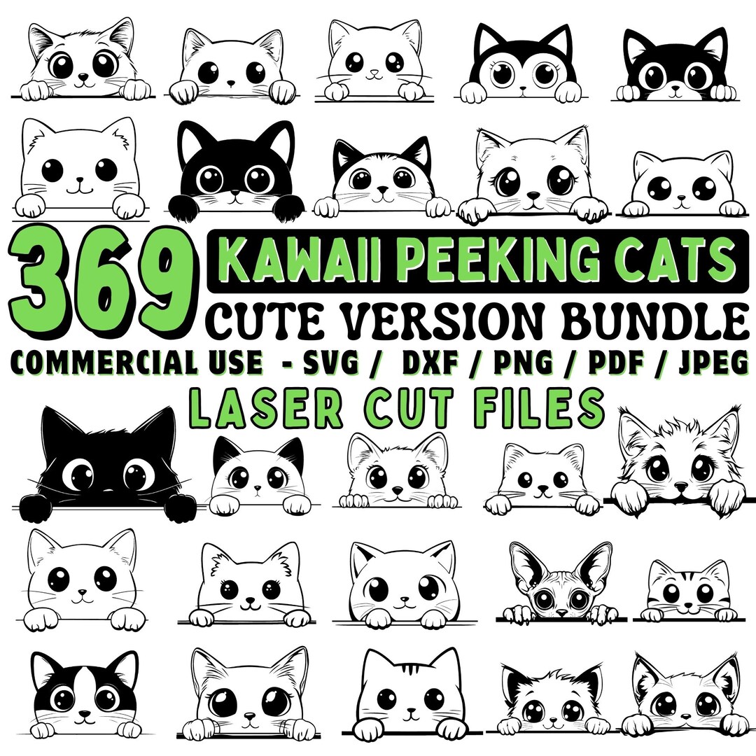 Laser Cut Files Kawaii Peeking Cats Cute Version Svg Dxf Png Pdf Jpeg ...