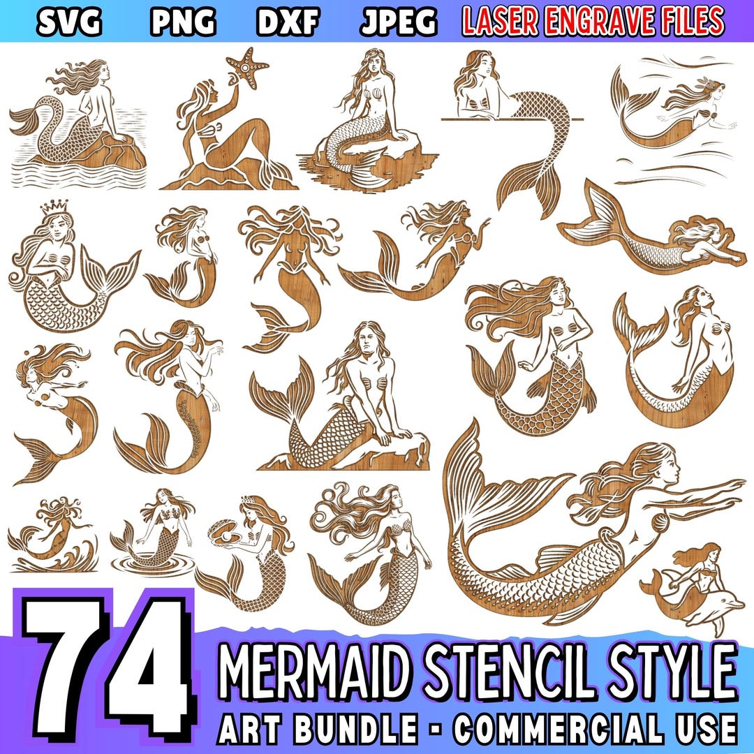Mermaid Stencil Engraving Bundle | SVG and DXF Files | Mermaid ...