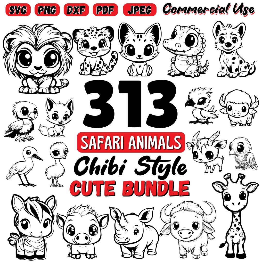 Chibi Savanna Animals Graphic Files Design Bundle Svg Dxf Png Pdf Jpeg ...