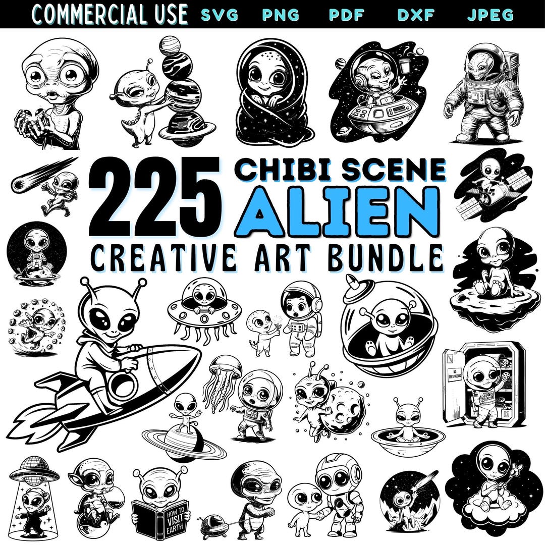 Chibi Alien Scene SVG Bundle | Cute Extraterrestrial Clipart | Kawaii ...