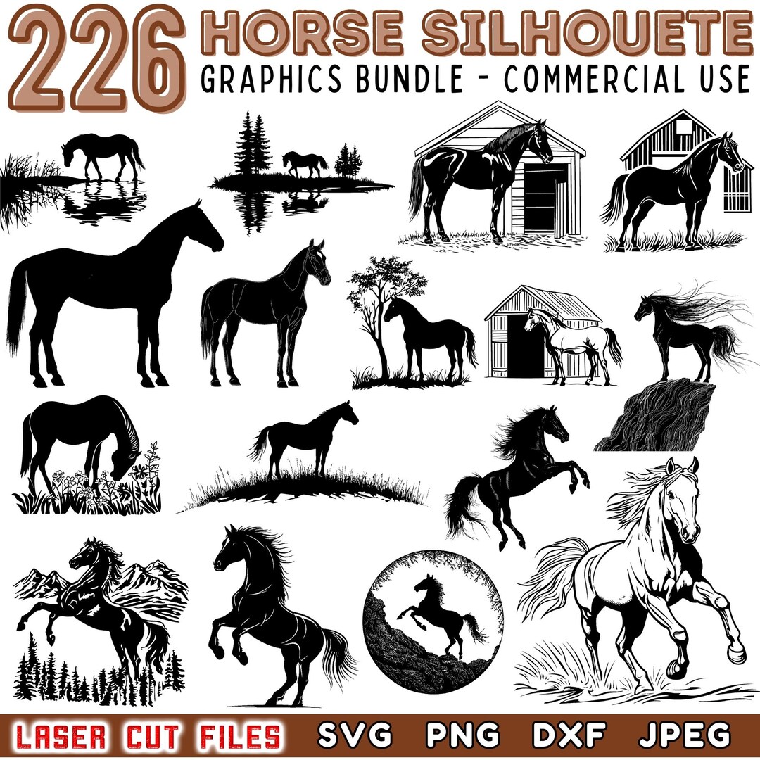 Horse Silhouette Laser Cut Files | Elegant Horse DXF Bundle | Horse Art ...