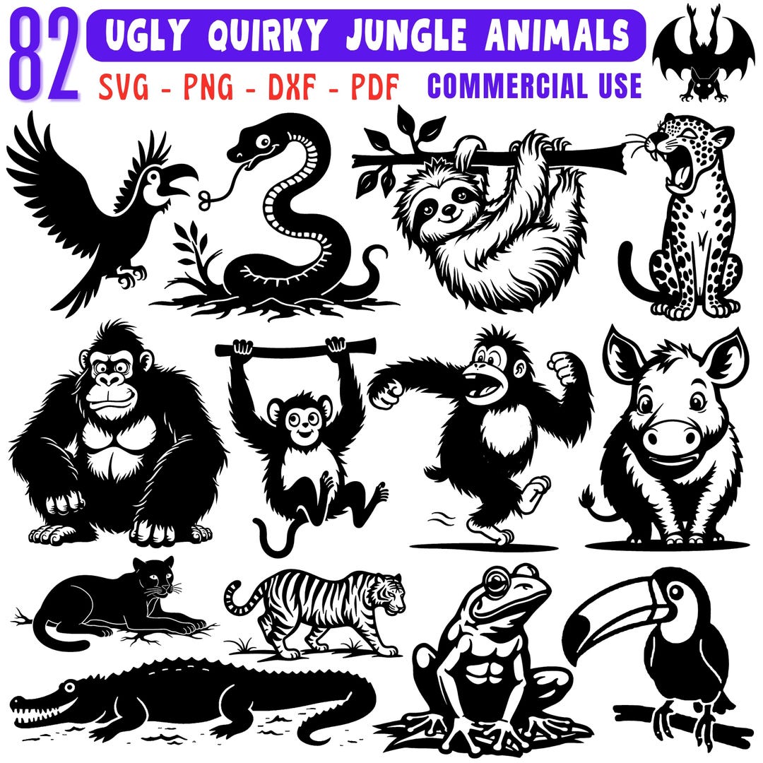 Ugly Quirky Jungle Animals Svg Png Pdf & Dxf Bundle Funny Wild Animal ...