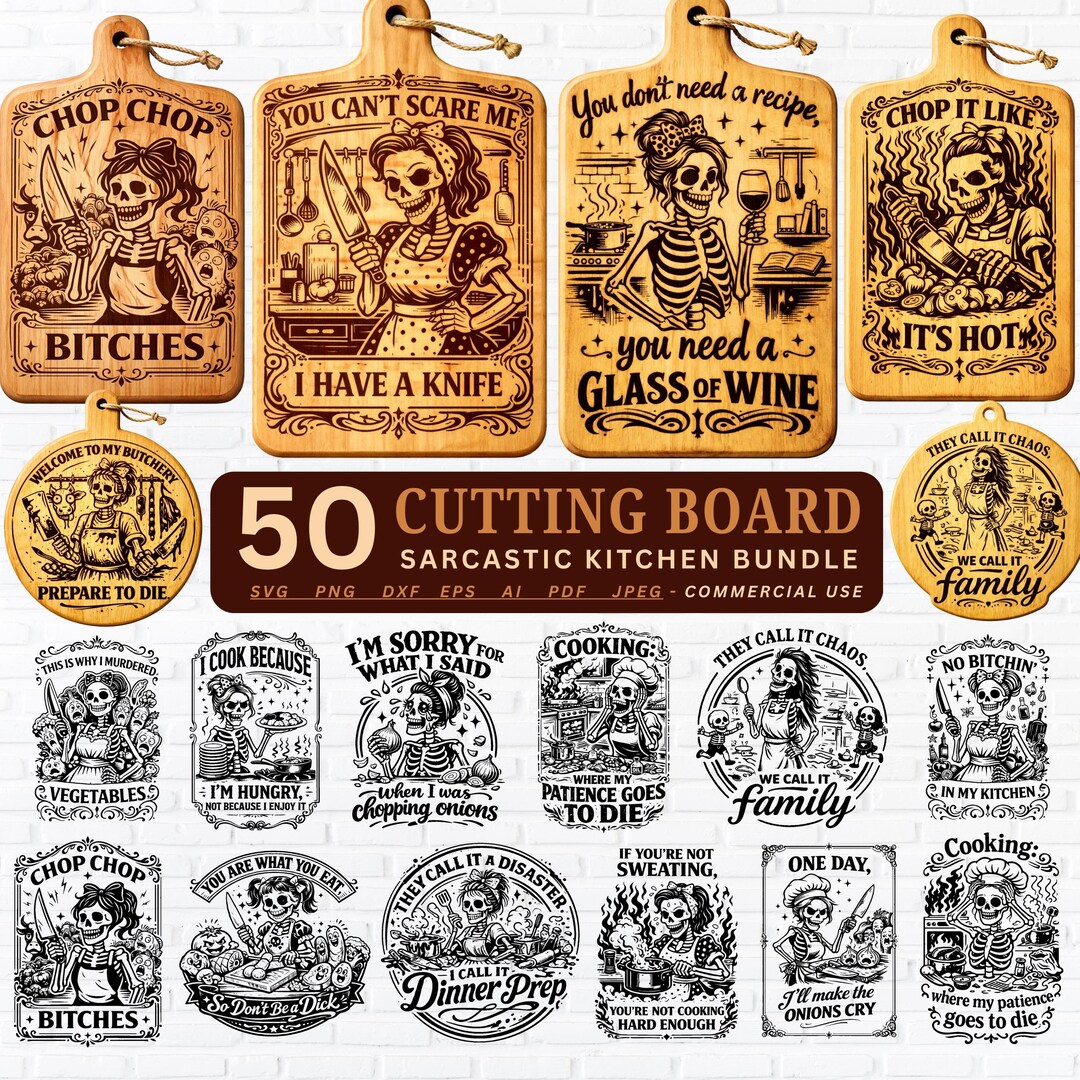 Funny Skull Cutting Board Sayings SVG Bundle Sarcastic Kitchen Quotes ...