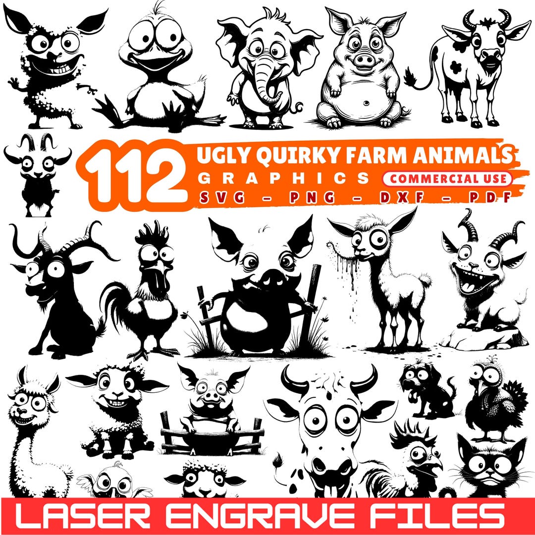 Laser Engrave Files Ugly Quirky Farm Animals Svg Png Pdf & Dxf Bundle ...