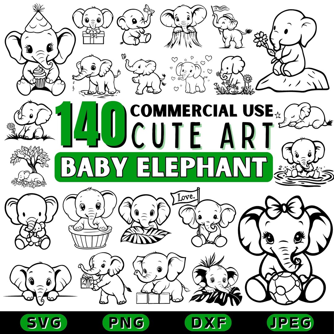 Baby Elephant Cute Art SVG | Baby Elephant DXF Bundle | Baby Elephant ...