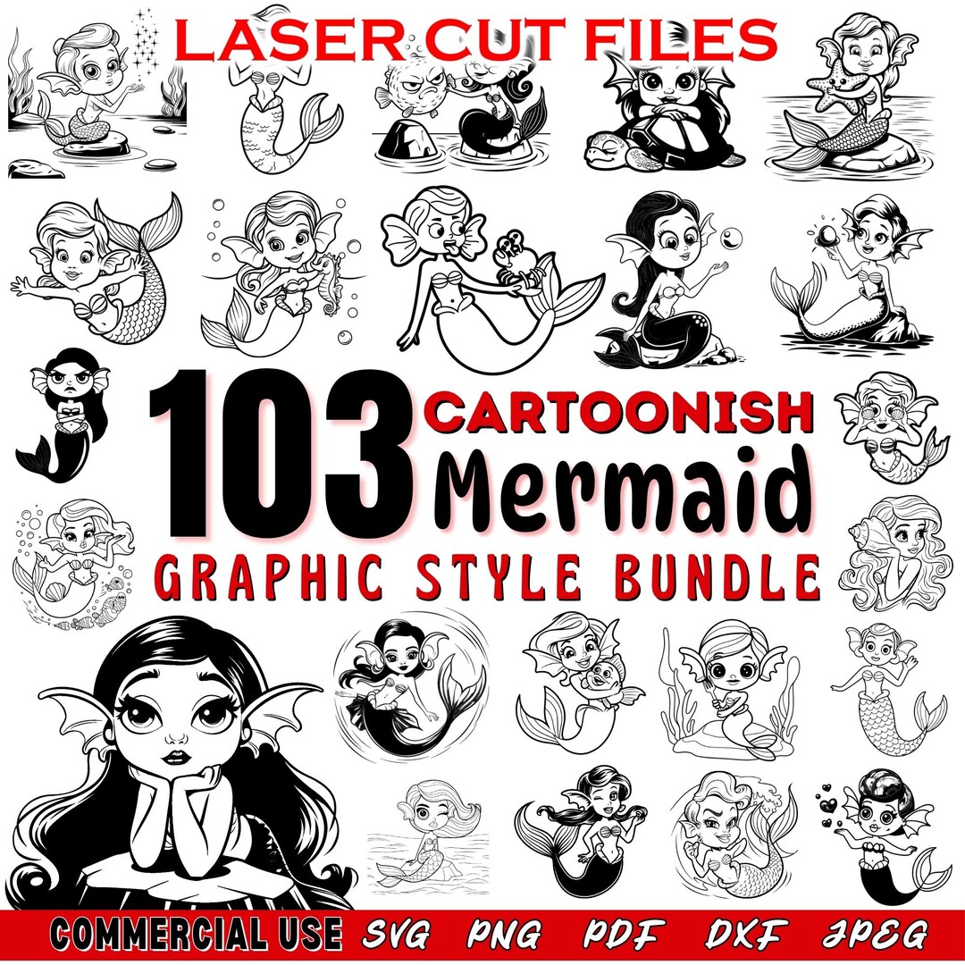 Cartoon Mermaid Laser Cut Files | Cute Mermaid DXF Bundle | Cartoon ...