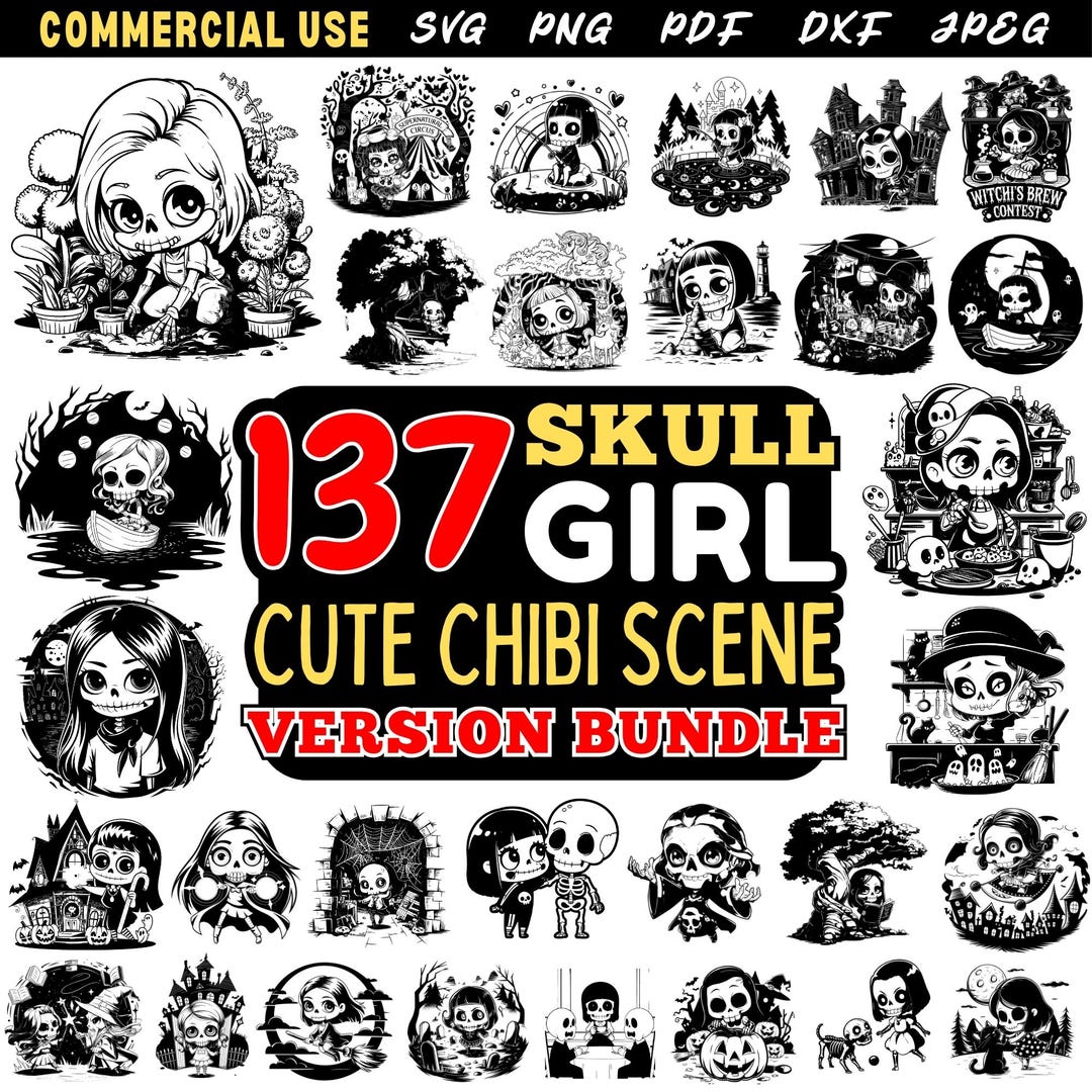 Cute Chibi Skull Girl Scene SVG DXF Bundle | Kawaii Skeleton Clipart ...