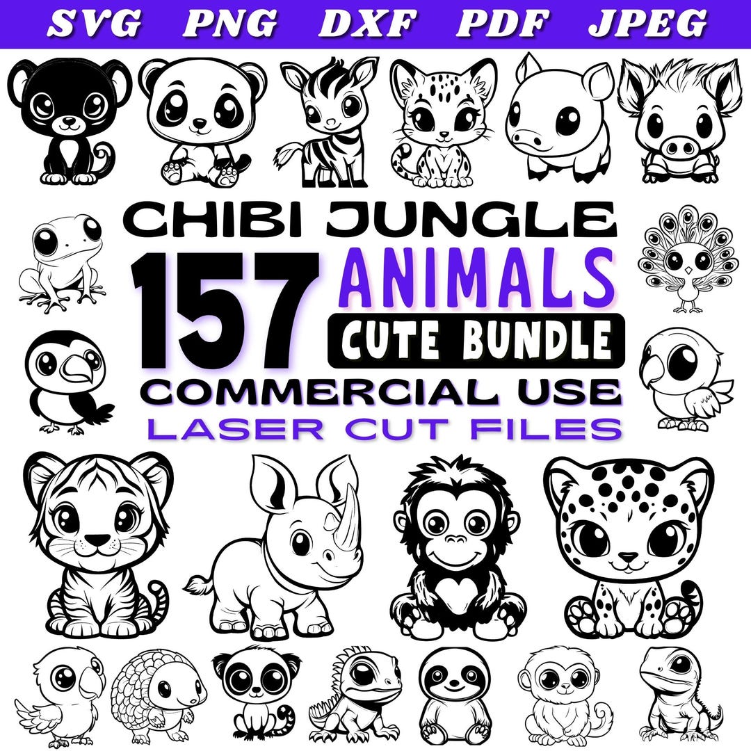 Laser Cut Files Chibi Jungle Animals Bundle Svg, Dxf, Png, Pdf, Jpeg ...