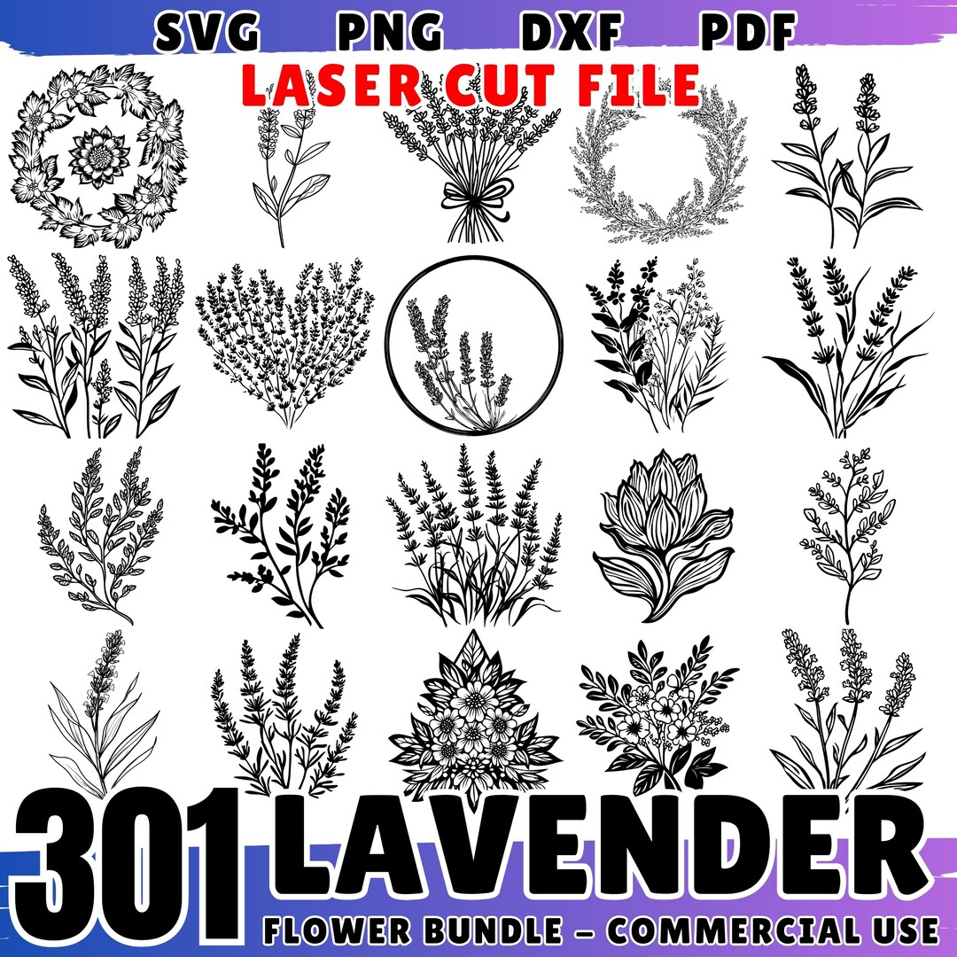 Lavender Flower DXF Bundle | Floral Laser Cut Files | Lavender Vector ...