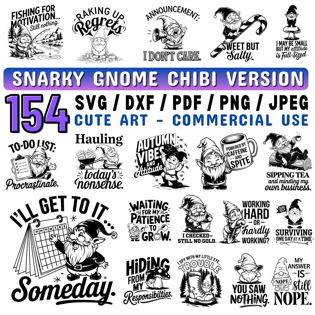 Chibi Gnome Laser Cut Files | Snarky SVG Gnome Bundle | Funny Gnome ...