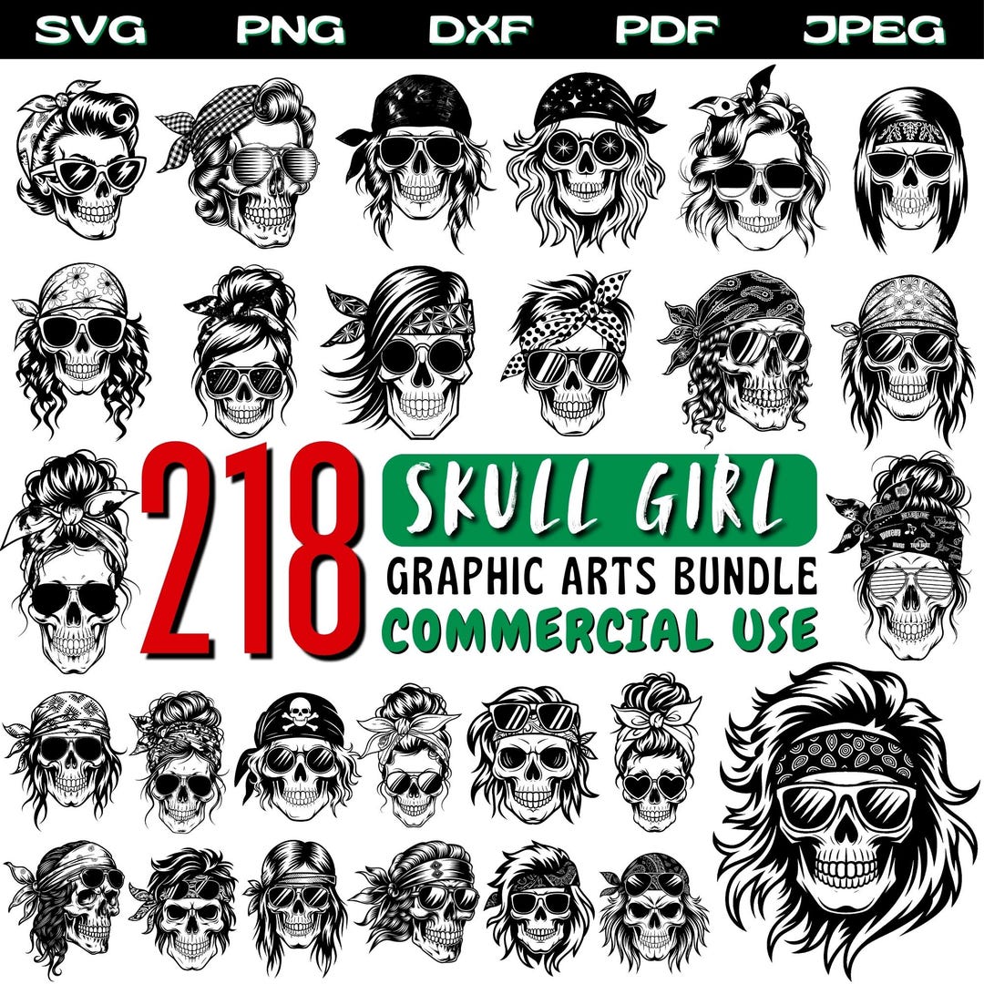 Skull Girl Graphic Arts SVG DXF Bundle | Cute Gothic Skeleton Clipart ...