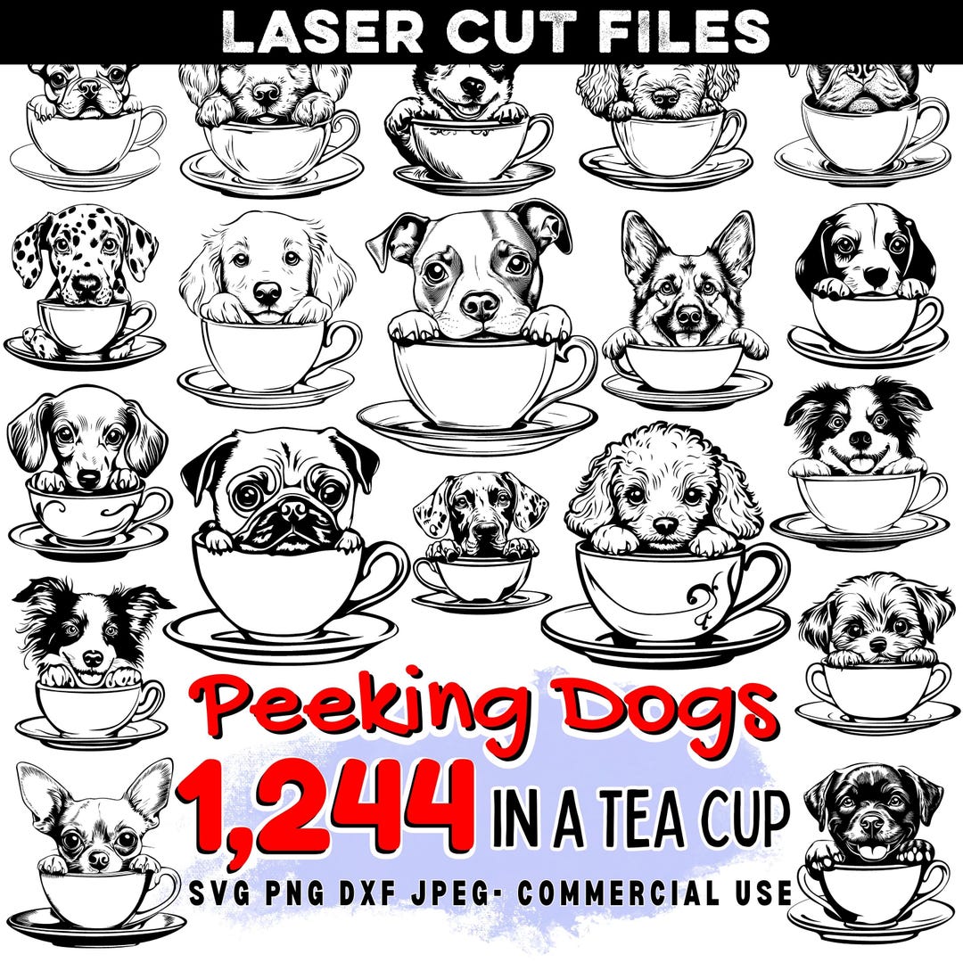 Peeking Dogs in Tea Cup DXF Bundle | Dog Silhouette Laser Cut Files ...