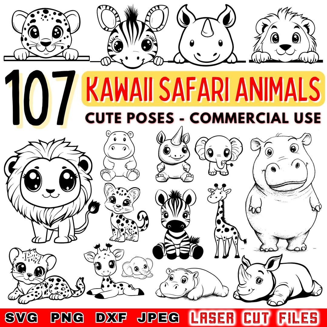 Safari Animals Laser Cut Files | Kawaii Jungle Animals SVG | Cute ...