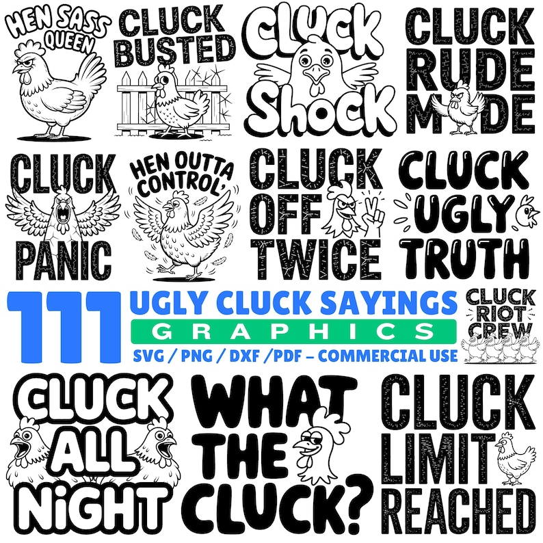 Cluck Chicken Sayings Svg Png Pdf & Dxf Bundle Funny Farm Quote Designs ...