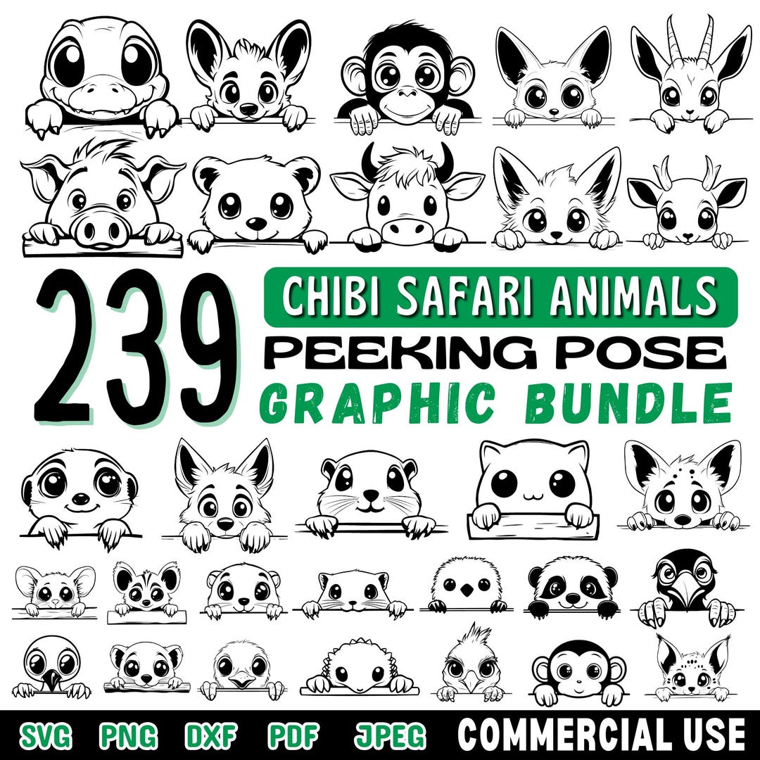 Peeking Chibi Safari Animals Svg Dxf Png Pdf Jpeg Bundle Instant ...