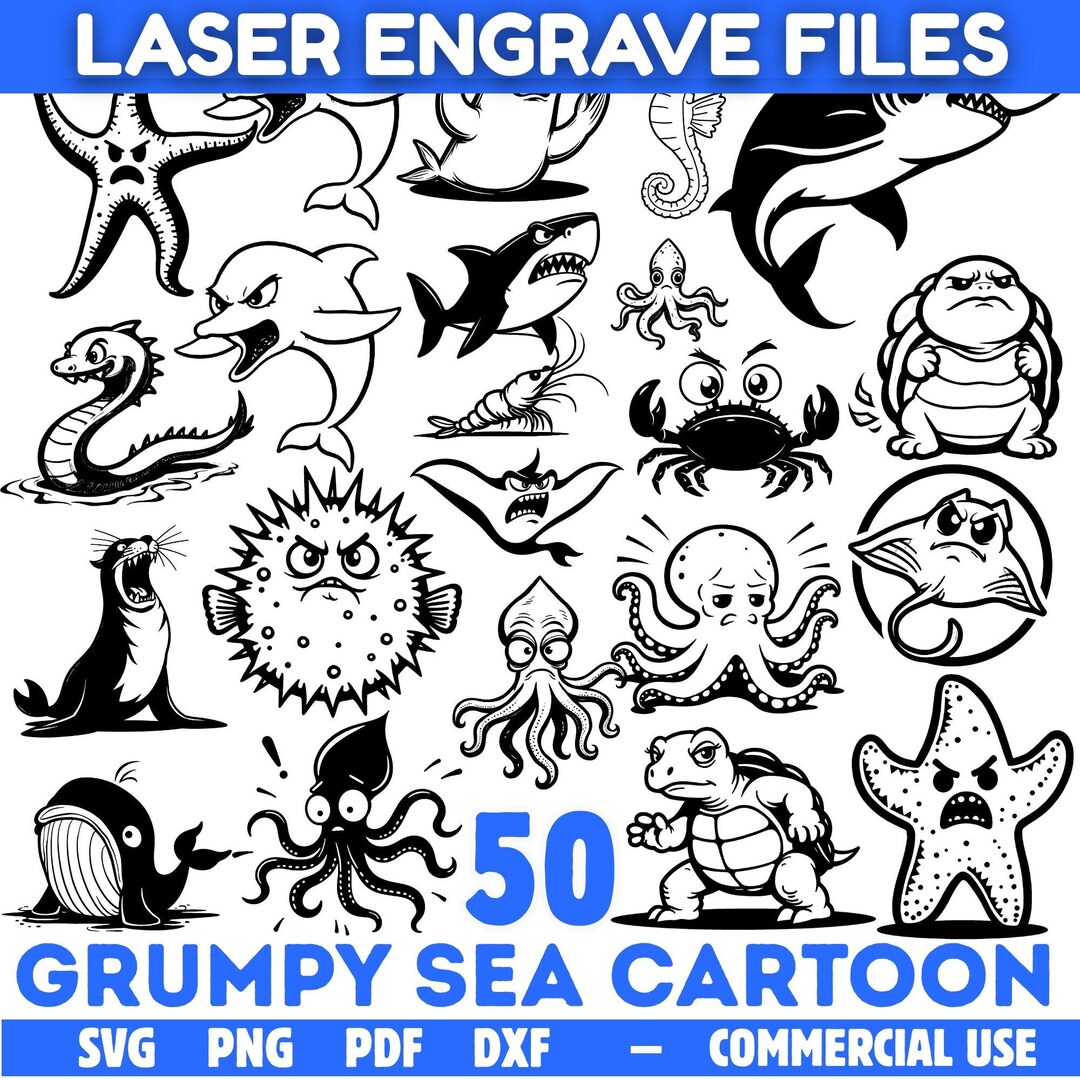 Laser Engrave Files Grumpy Sea-cartoon Slate Svg Png Pdf & Dxf Bundle ...
