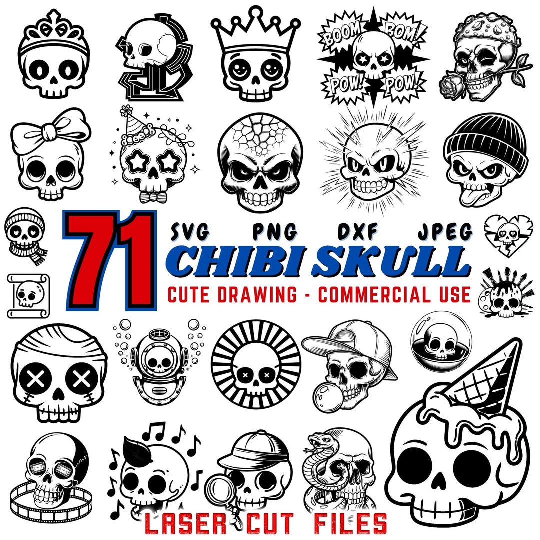 Chibi Skull Laser Cut Files | Kawaii Skeleton DXF Bundle | Halloween ...