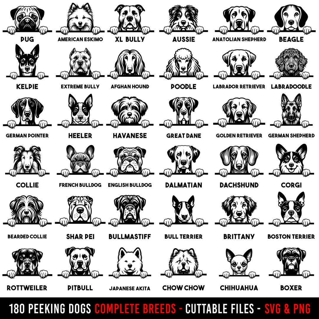 Laser Cut Files Peeking Dogs Svg Png and Dxf Bundle Complete Dog Breeds ...