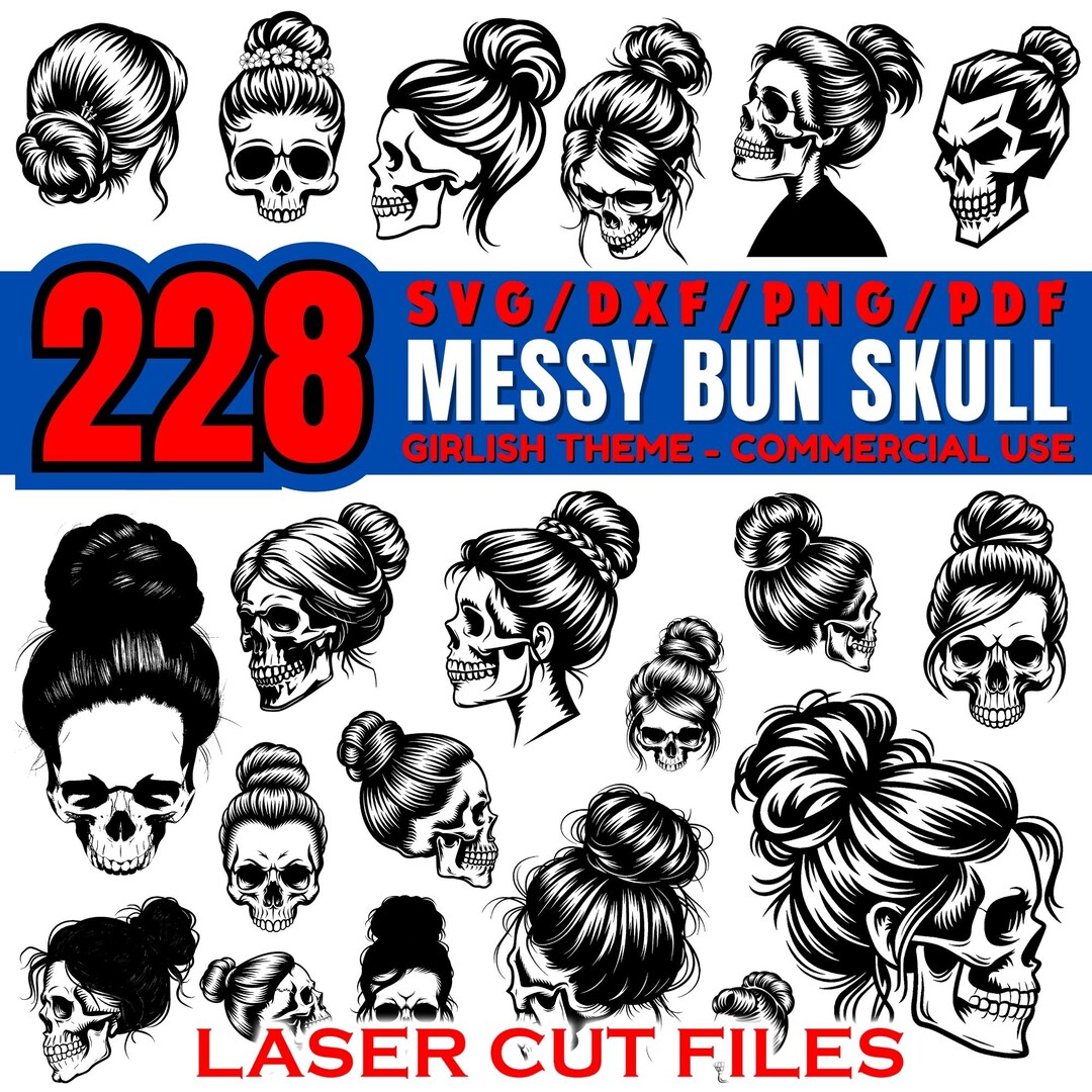 Messy Bun Skull Girl Laser Cut Files Girly Skull With Hair Bun DXF ...