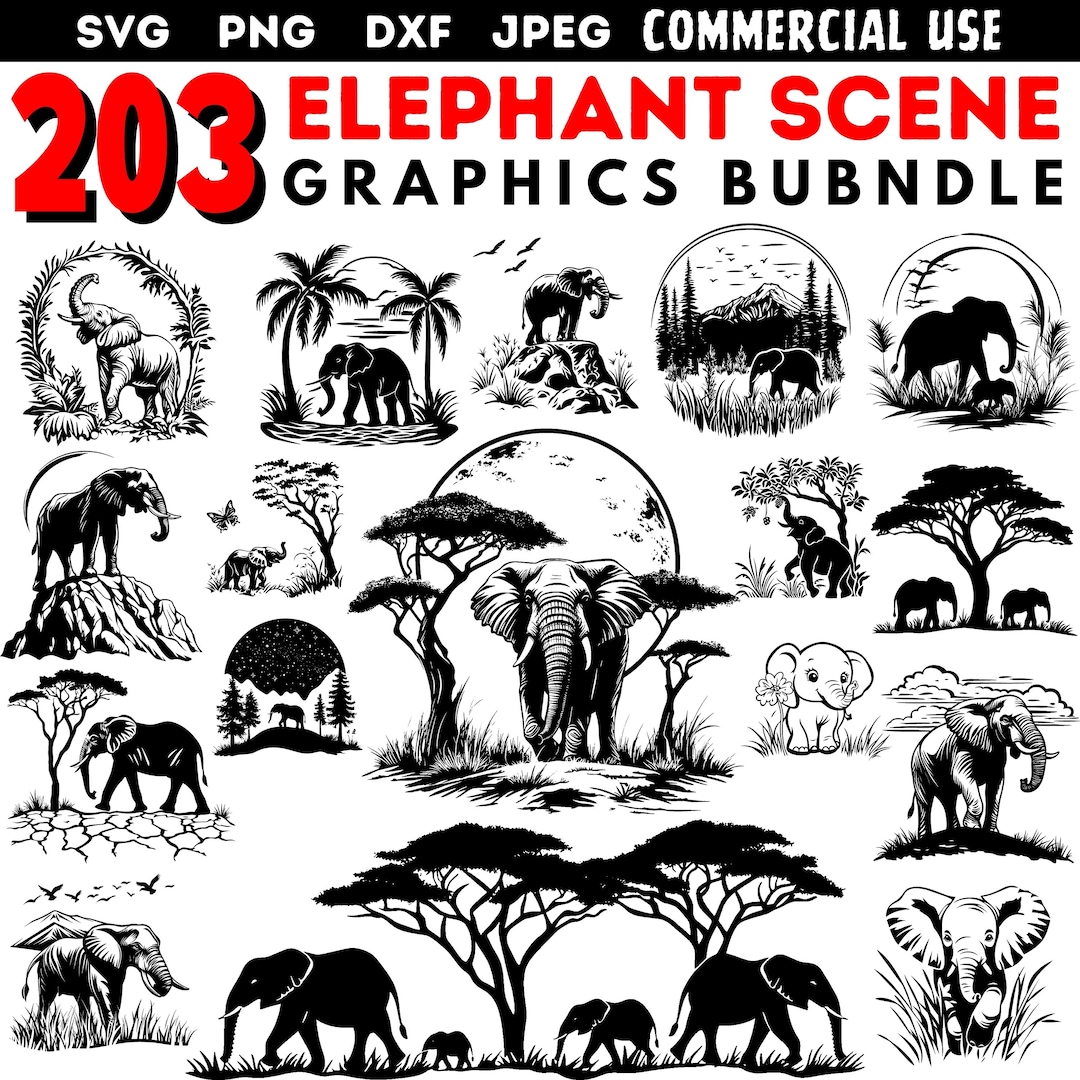 Elephant Scene SVG Bundle | DXF Files for Cricut | Wildlife Elephant ...