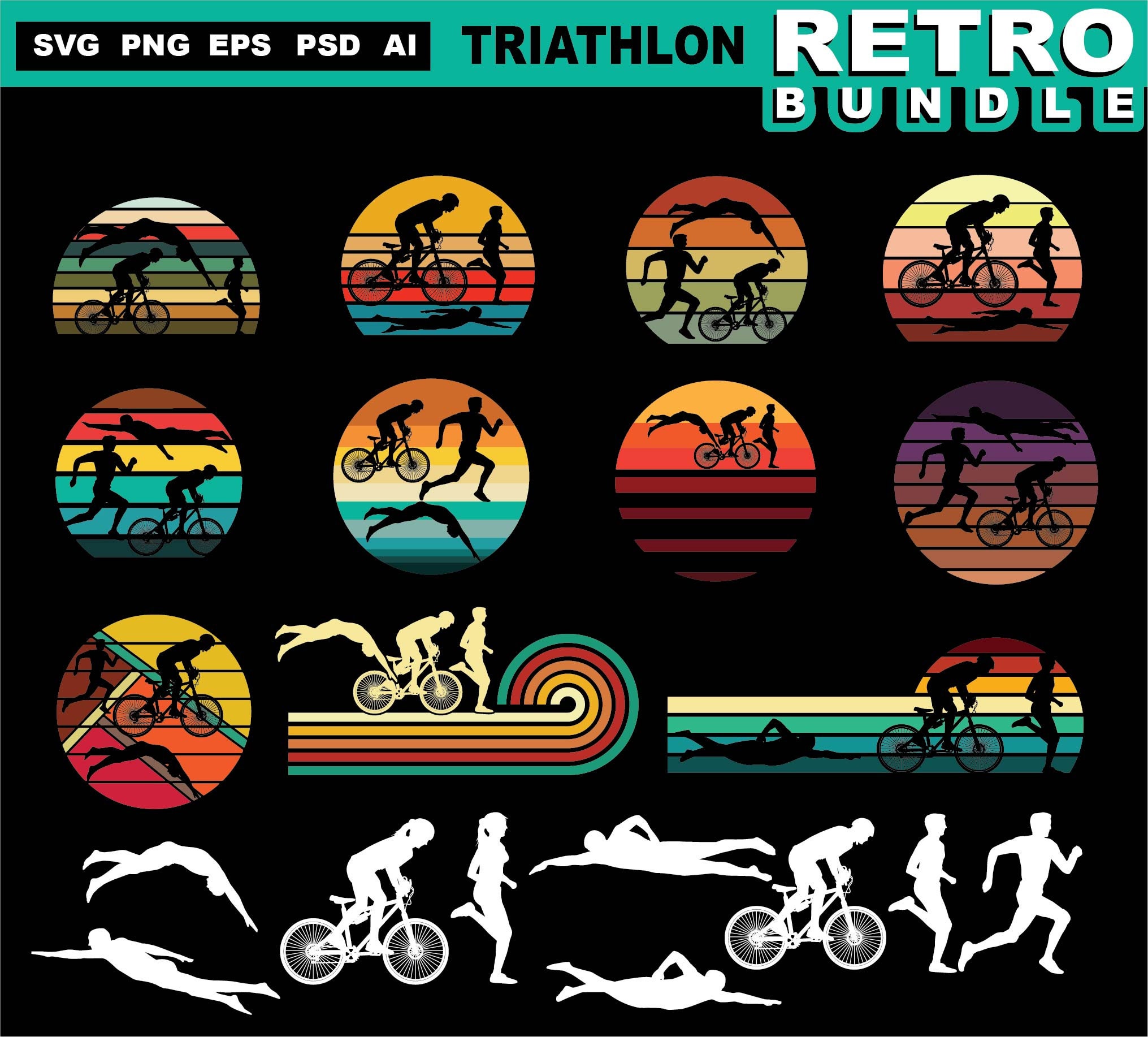 Triathlon Svg Files RETRO BUNDLE Swim Bike Run Svg Triathlete Instant ...