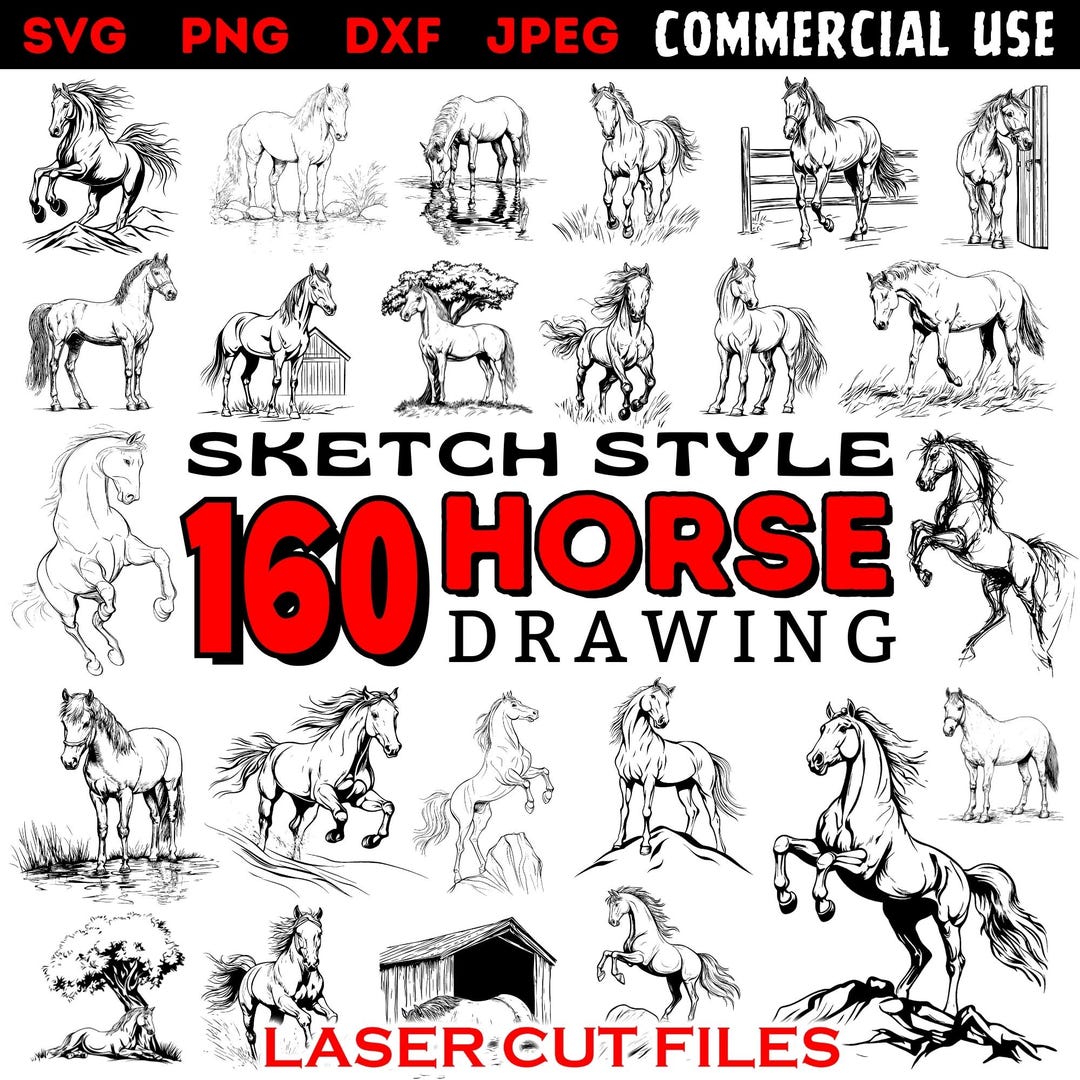 Horse Sketch Style Laser Cut Files | Hand-drawn Horse DXF Bundle ...