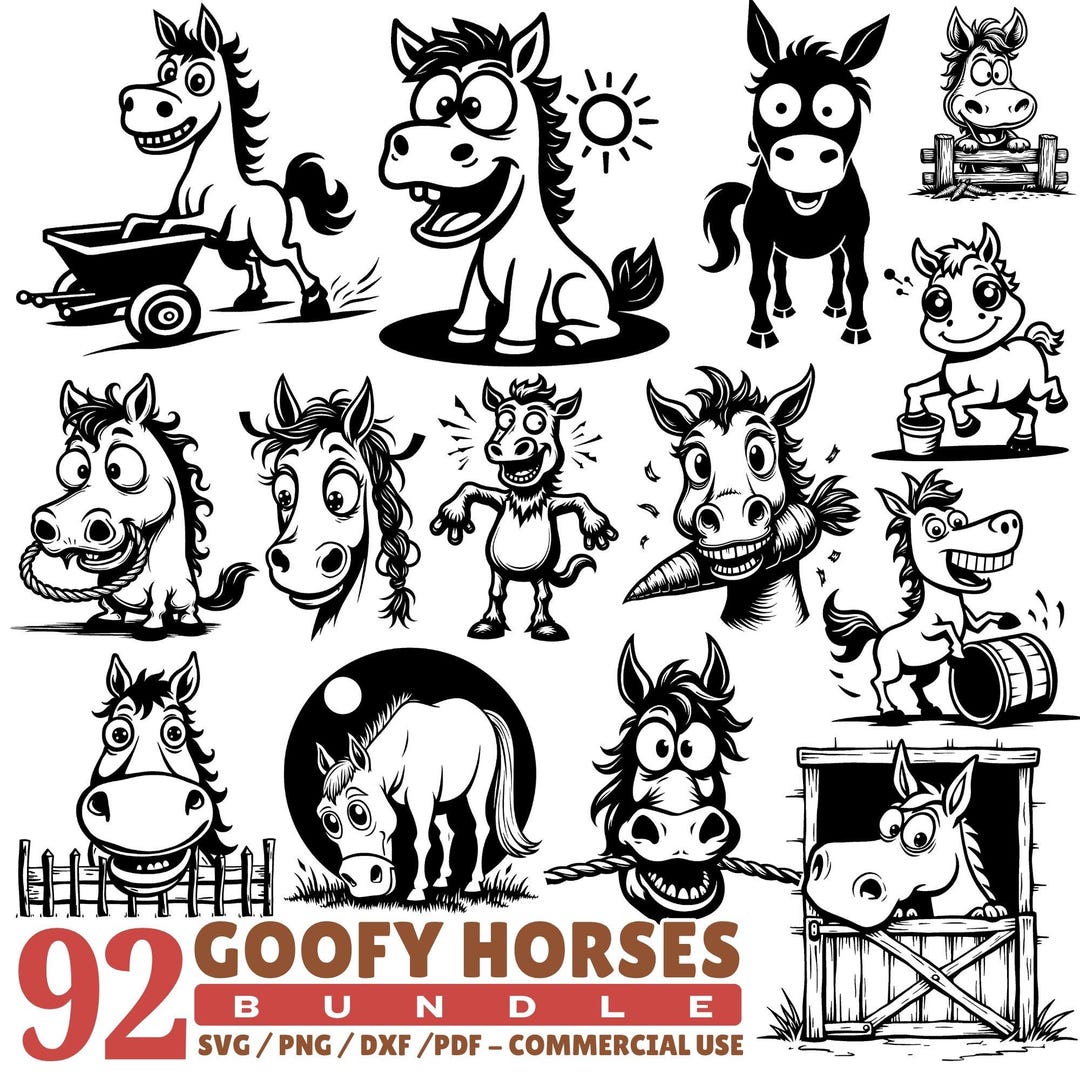Goofy Horses Svg Png Pdf & Dxf Bundle With Funny Cartoon Horse Designs ...