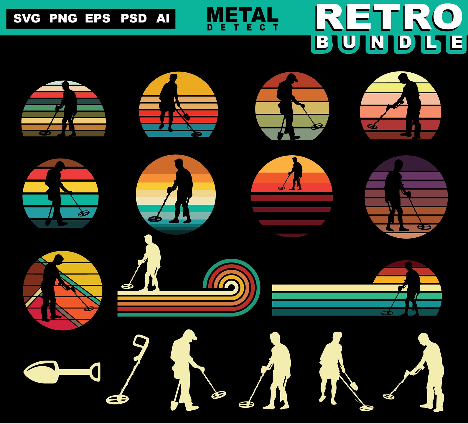 Metal Detector Svg or Treasure Hunting Metal Detecting Svg RETRO Sunset ...